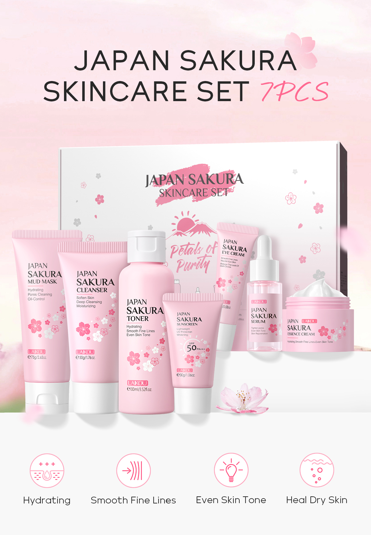 【LAIKOU Japan Sakura Skin Care Set 7pcs】Reduce Spots / Anti-wrinkles ...