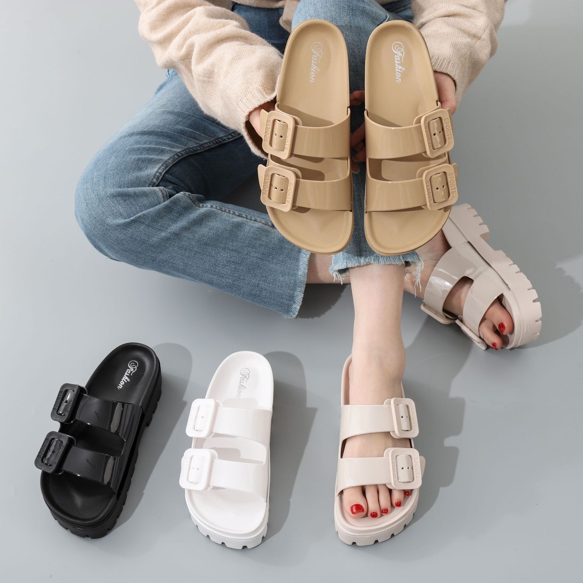 EXS New Fashion Thick bottom Two-strap Sandals for Women Casual Elegant ...