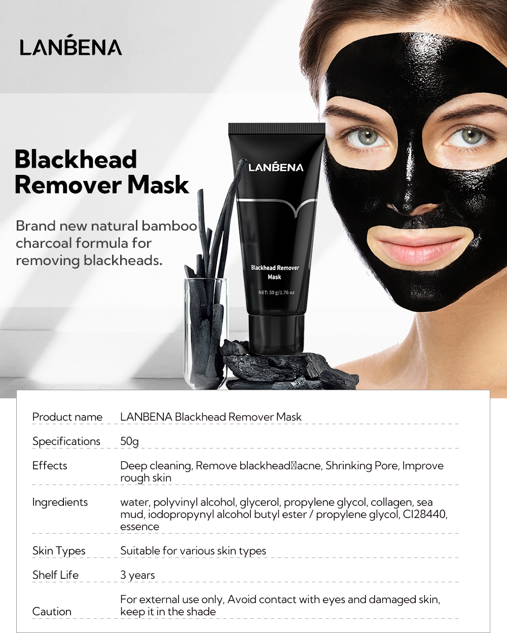 LANBENA Black Mask Detox Blackhead Remover Nose Masks Acne Controlt ...
