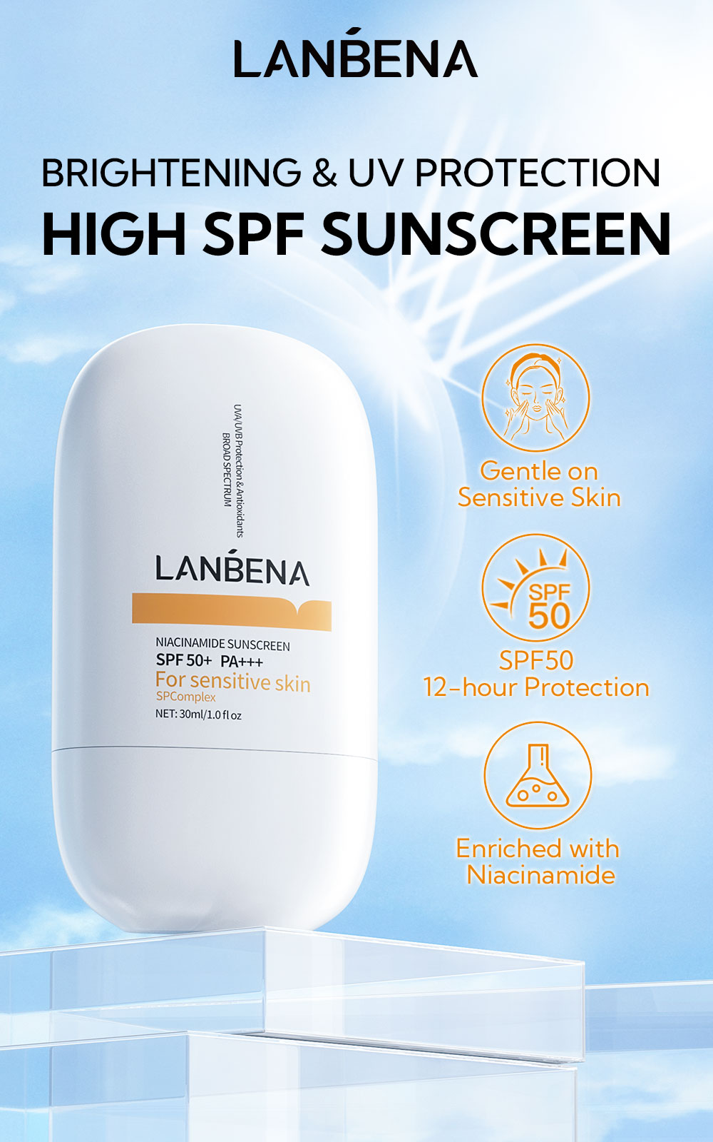 LANBENA Sunscreen Spf 50+ Pa+++ Suncare Whitening Oil Control Refreshing Skin White Lotion ...
