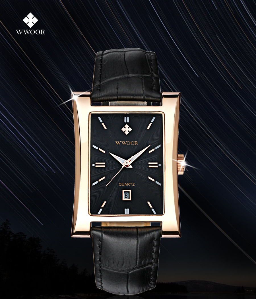 WWOOR Luxury Gold Black Square Watch Men Sports Business Mens Quartz ...