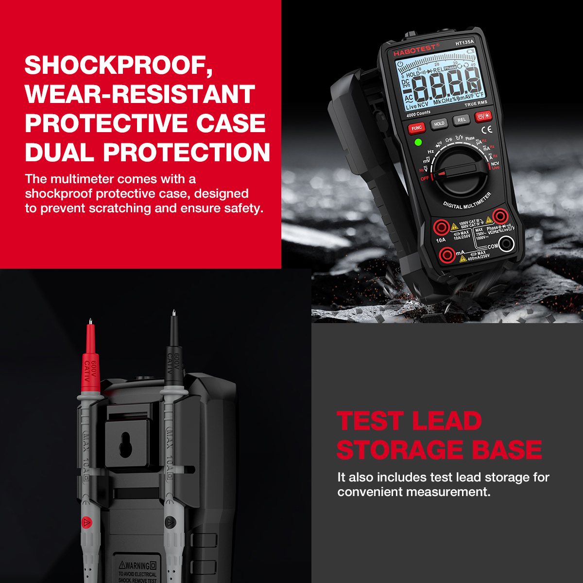 HABOTEST HT135 Digital Multimeter 1000V/10A AC/DC Ampere 4000 Counts T ...