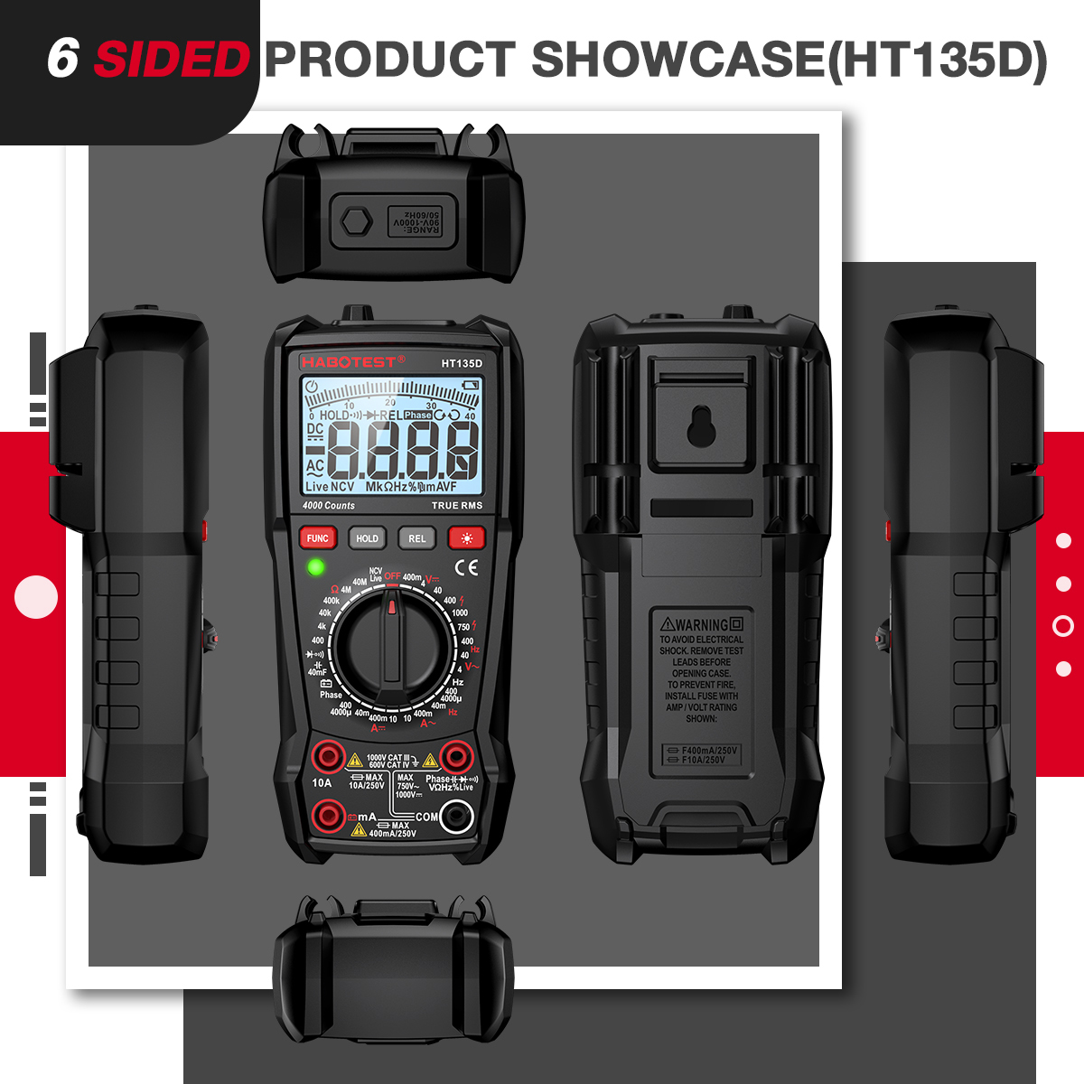 HABOTEST HT135 Digital Multimeter 1000V/10A AC/DC Ampere 4000 Counts T ...