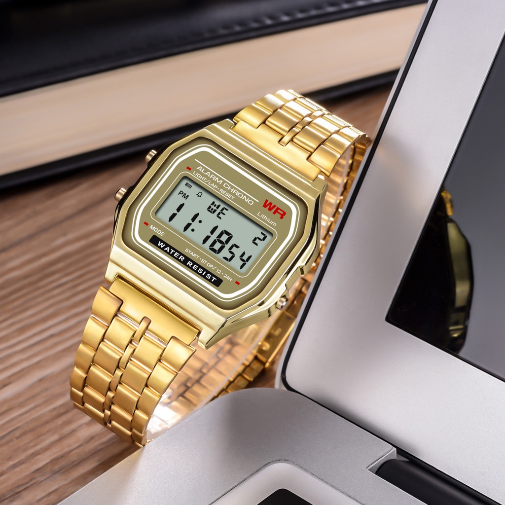 LED Digital Sports Watch Unisex - Gold Silver Stainless Steel Water ...