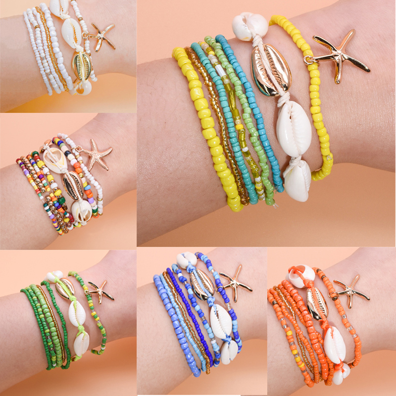 6 Pcs/Sets Colorful Handmade Boho Shell Bracelet Beach Starfish Beaded ...