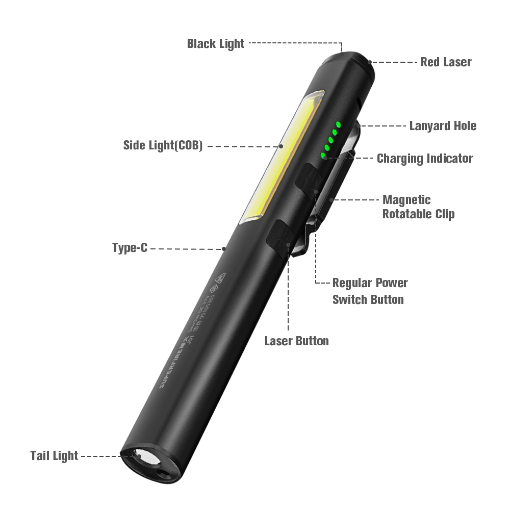 SUPERFIRE J01 4 In 1(UV/LED/COB) Red Laser Pointer USB Rechargeable ...