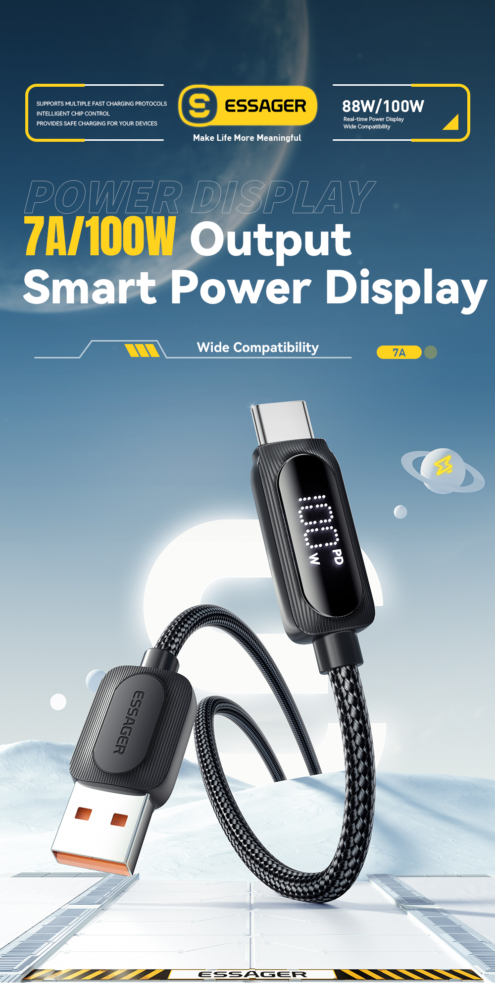 Essager 7A 100W USB-A to Type-C Data Cable Digital Display Charging ...