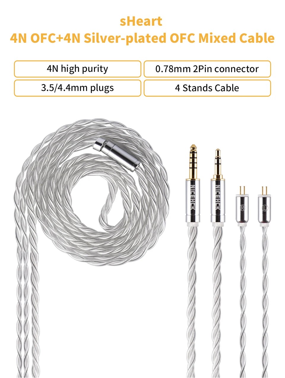 NiceHCK sHeart HiFi In Ear Monitor Earphone Cable 4N OFC+4N Silver ...