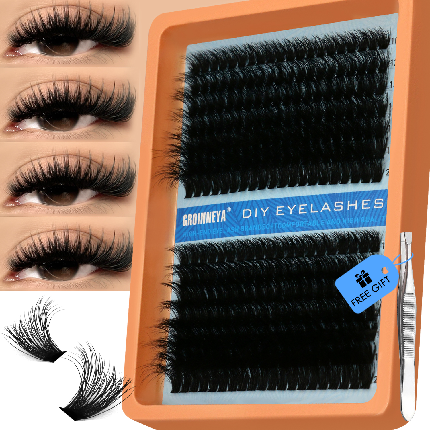 GROINNEYA Lash Clusters 280 PCS Mix Length Individual Lashes 3D Fluffy ...