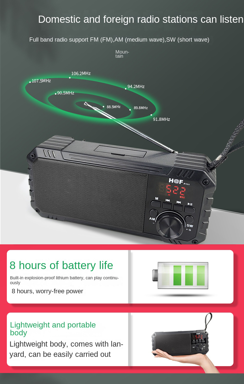 HF-F111 Multi-function BT Full FM radio Portable loud volume player for ...