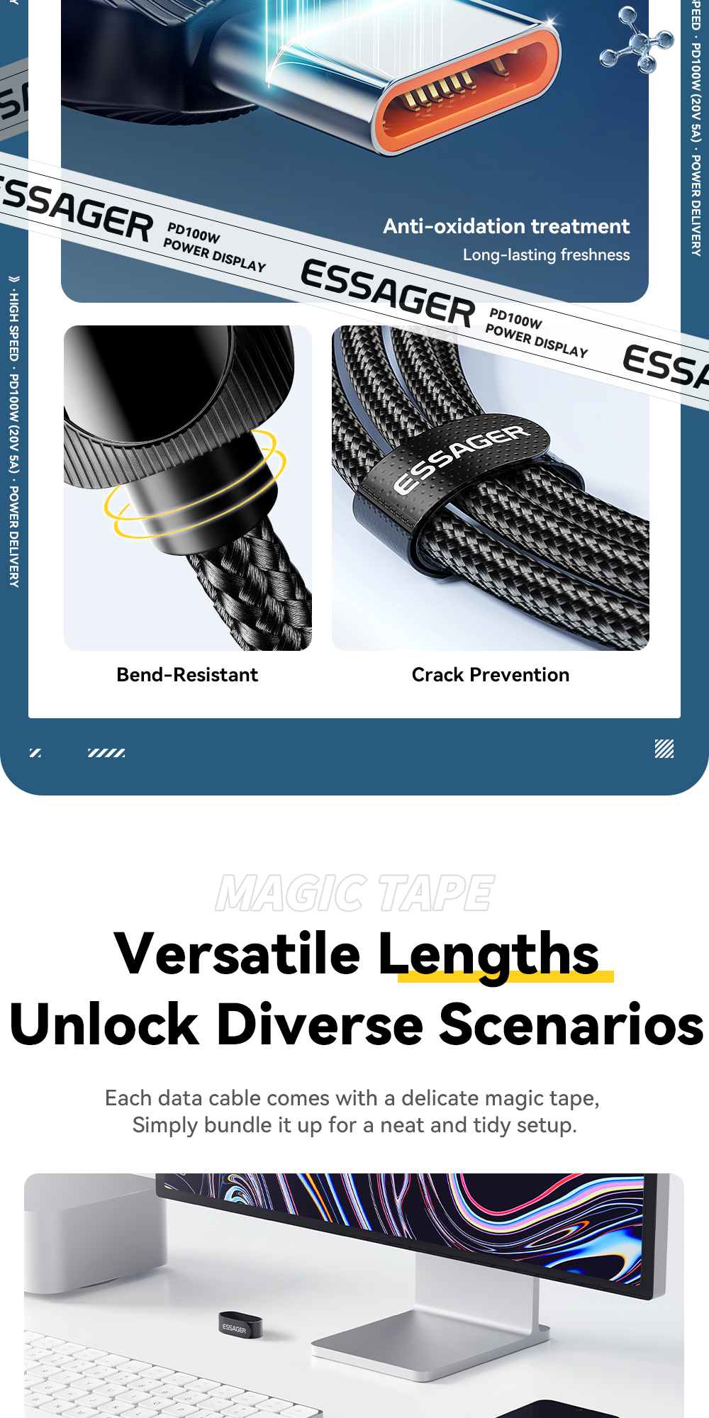 Essager 100W/60W C-C Data Cable 5A High-current Charging Cable Built-in ...