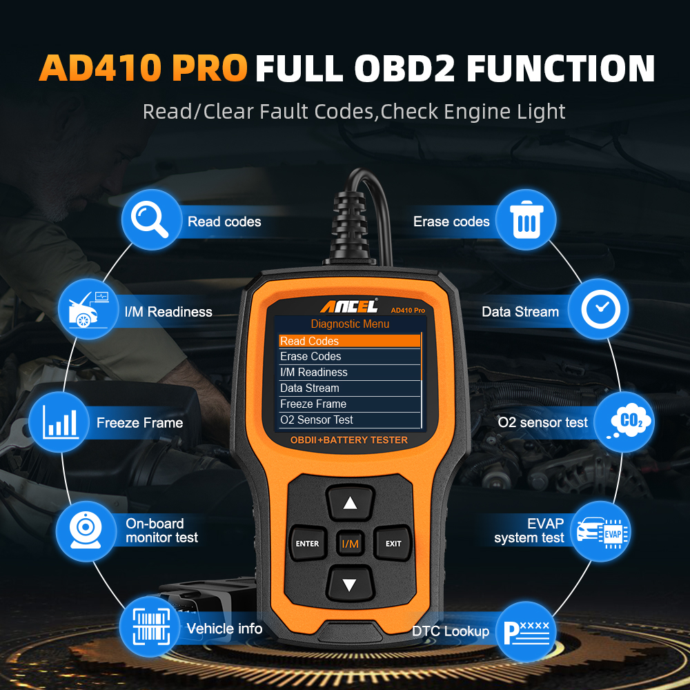 ANCEL AD410 Pro Automotive 2 in 1 OBD2 Scanner Battery Tester Engine ...