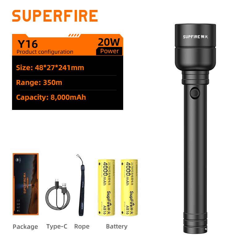 SUPERFIRE Y16 High Power Flashlight 1700LM 20W Strong Light Long Shots ...