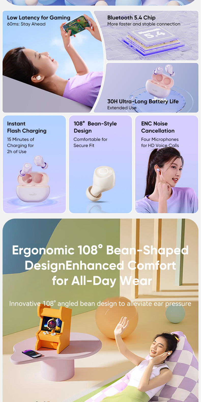 Realfit F4 AI Active Noise Cancelling Bluetooth Earphone Colorful Cute ...