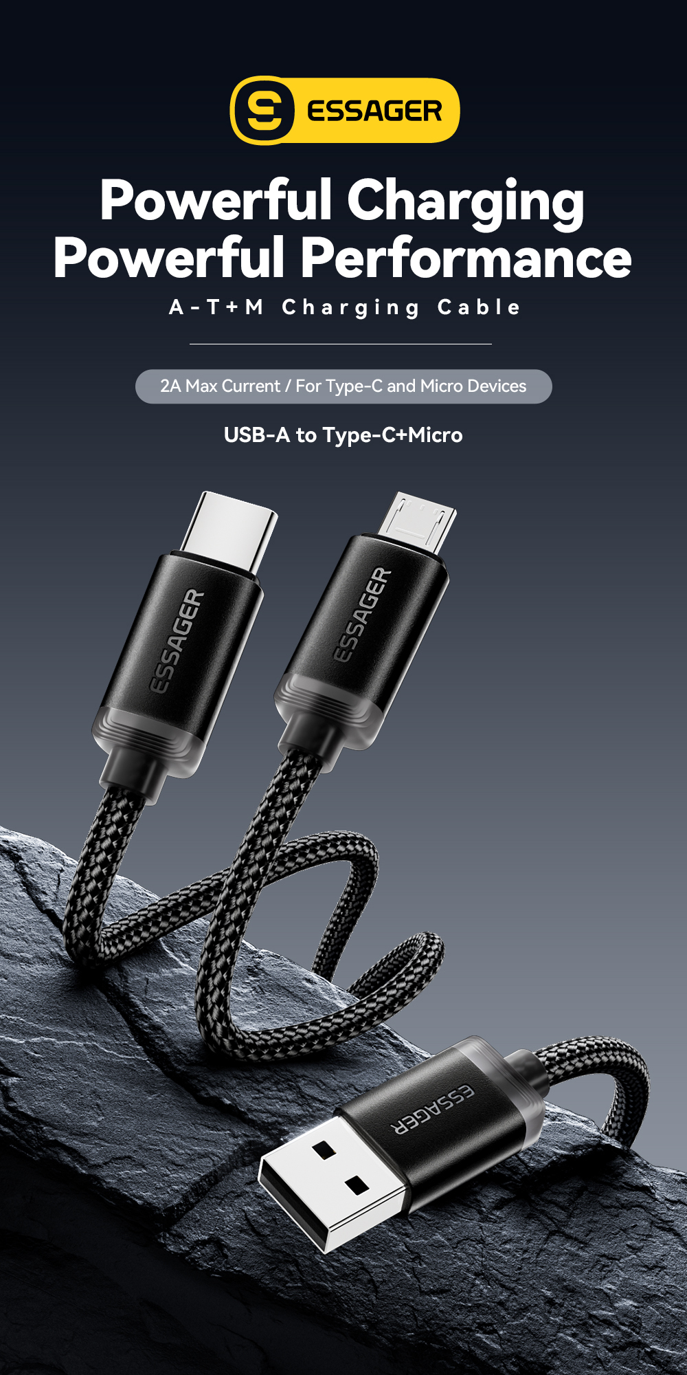 ESSAGER 2A USB-A to Type-C+Micro interfaces 2 in 1 fast charging data ...