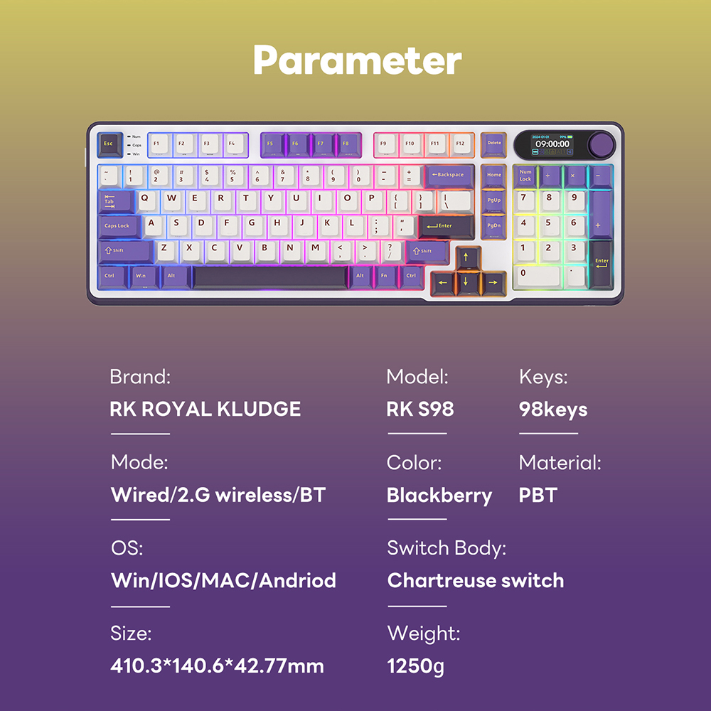 New Royal Kludge RK S98 Blackberry 98 Key Tri-Mode RGB Wired Bluetooth ...