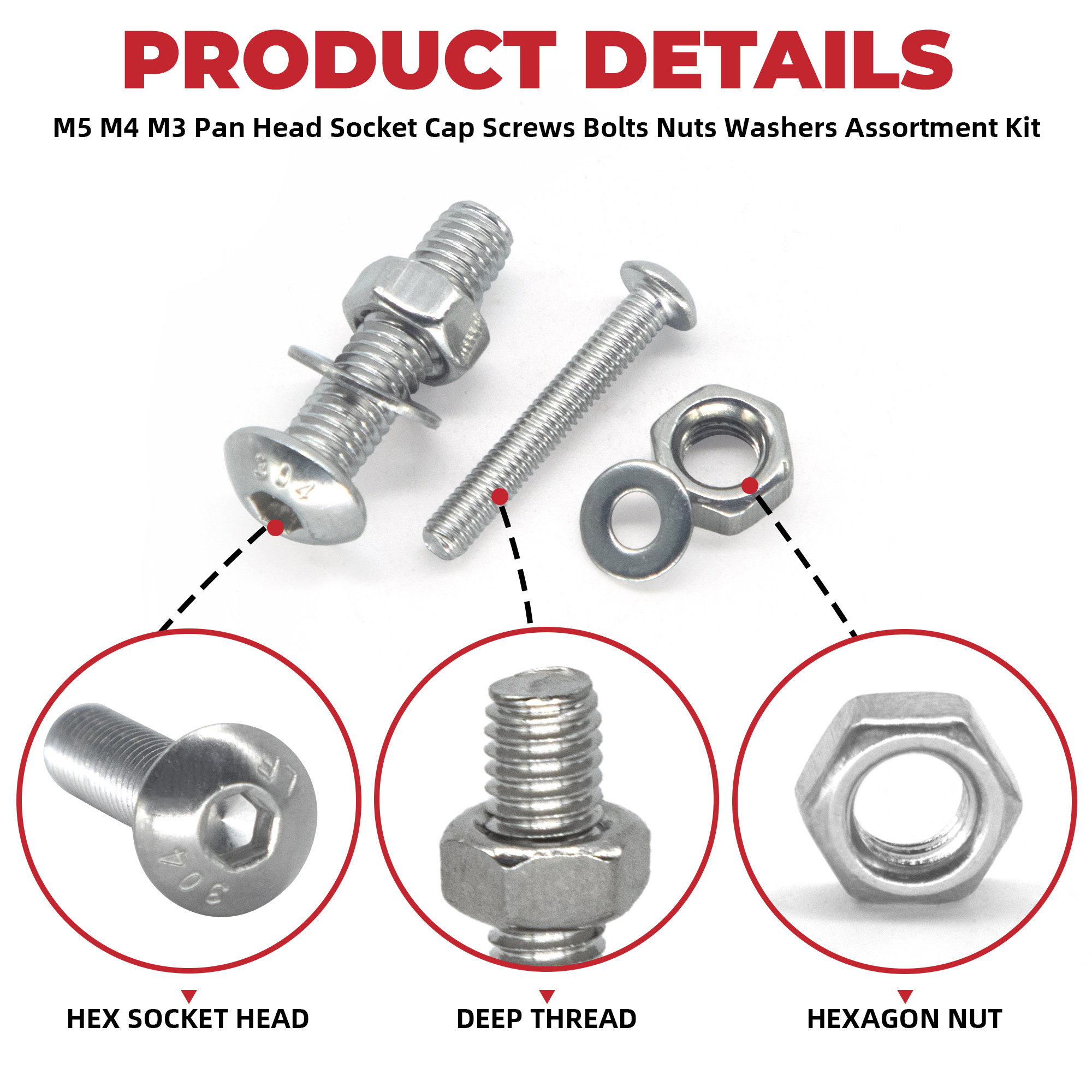 342pcs M5 M4 M3 Button Head Socket Cap Screws Bolts Nuts Washers ...