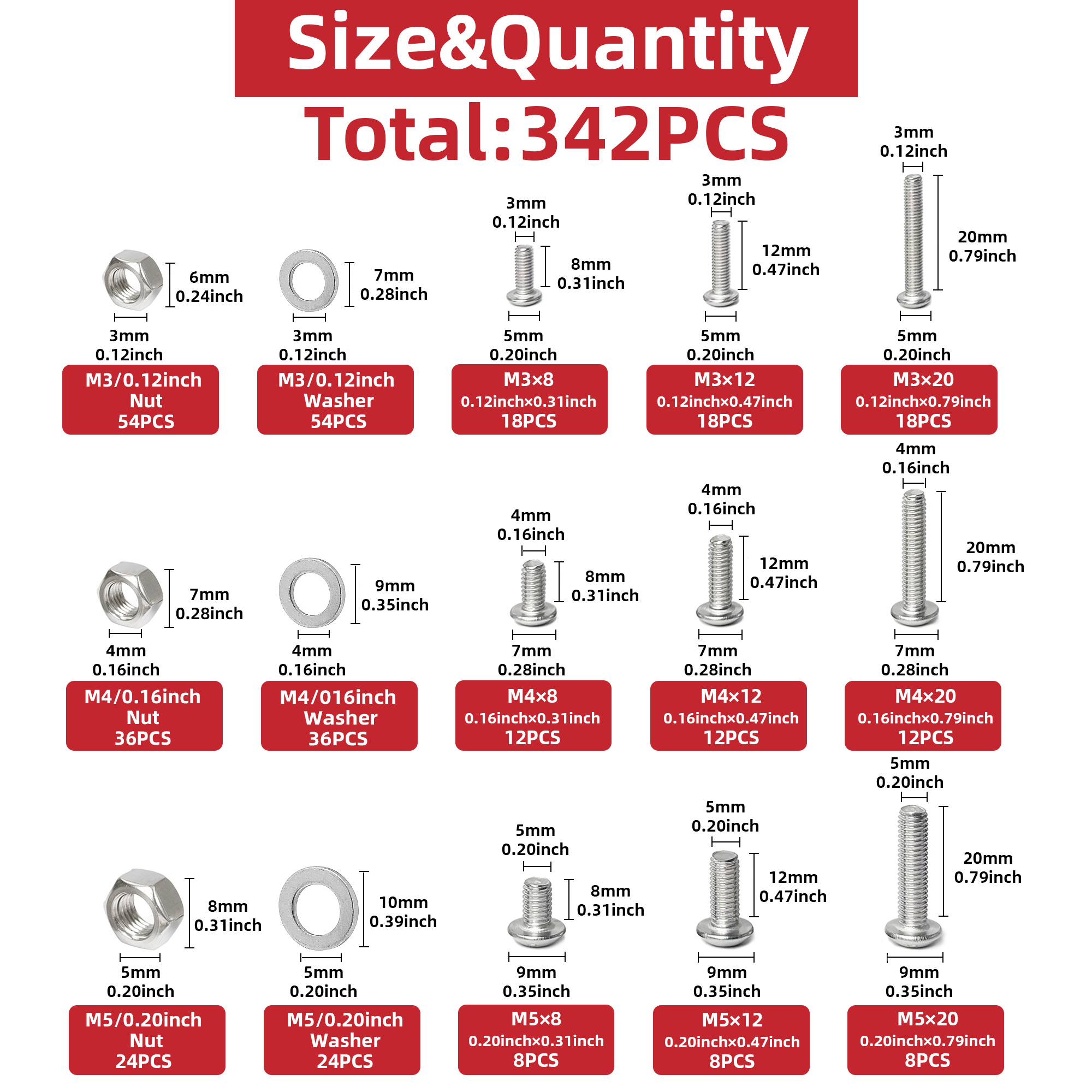 342pcs M5 M4 M3 Button Head Socket Cap Screws Bolts Nuts Washers Assortment Kit 304 Stainless