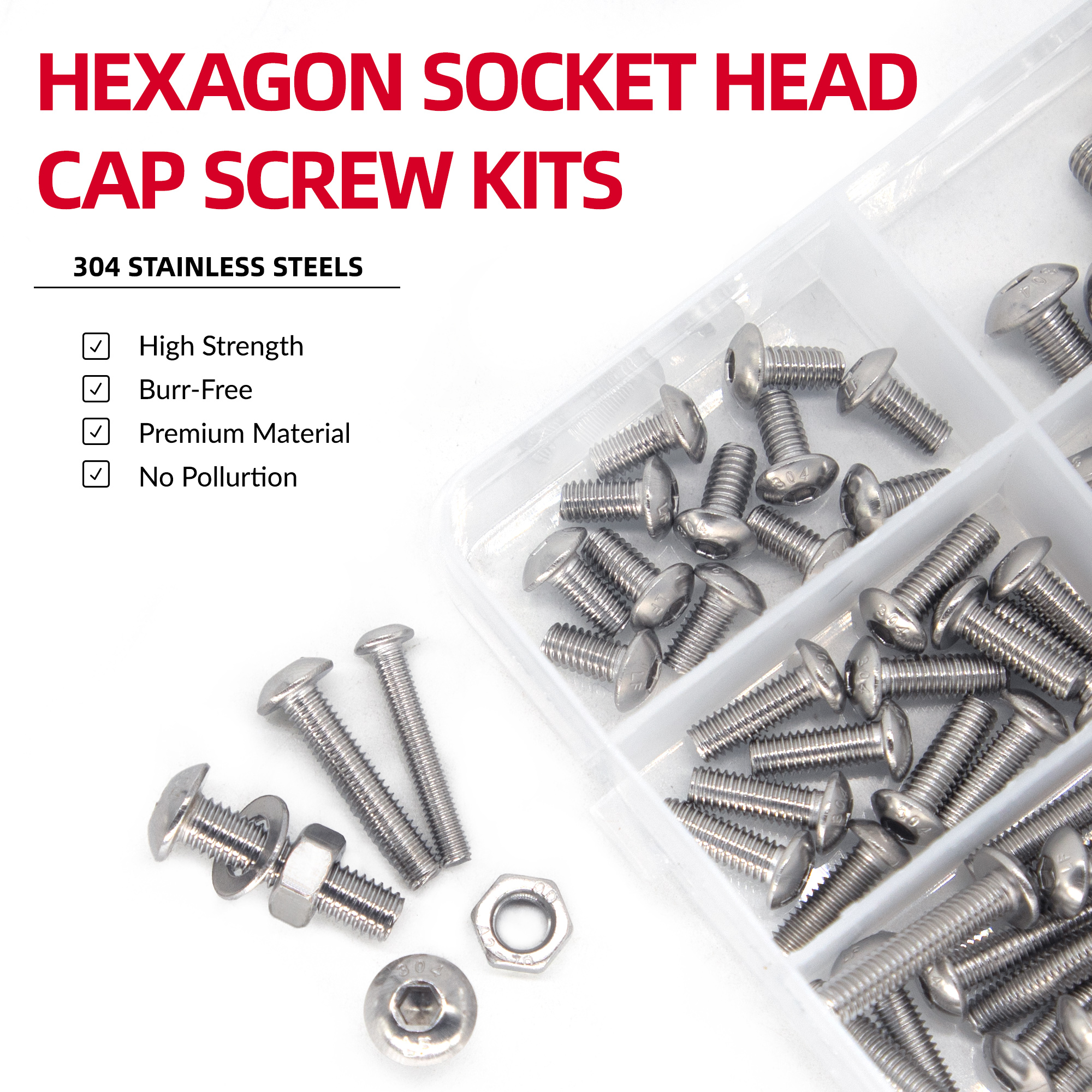 342pcs M5 M4 M3 Button Head Socket Cap Screws Bolts Nuts Washers Assortment Kit 304 Stainless