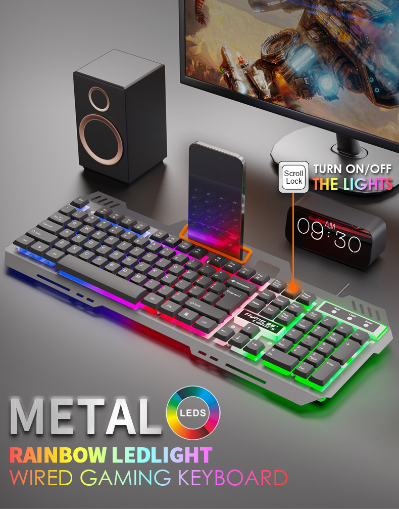 K108 Wired USB Interface, Metal Panel Rainbow Backlight, 104-Key ...