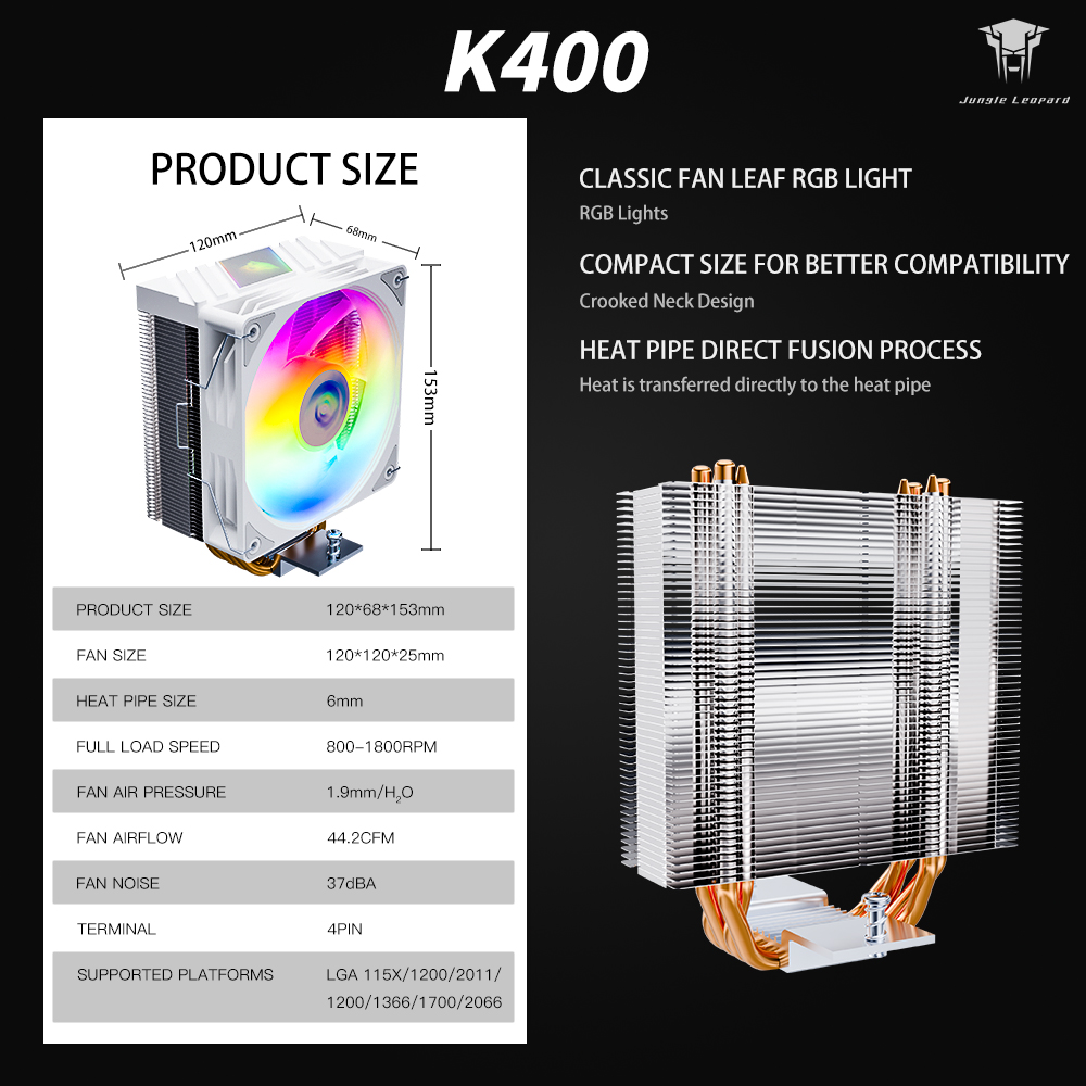 Jungle Leopard K400 CPU Cooler Black / White 4 Heat Pipes 120mm CPU Fan ...