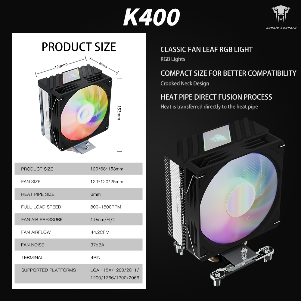 Jungle Leopard K400 CPU Cooler Black / White 4 Heat Pipes 120mm CPU Fan ...