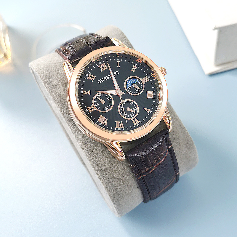 Casual Black Dial Men's Watch: Faux Leather, Three-Eye Moon Phase ...