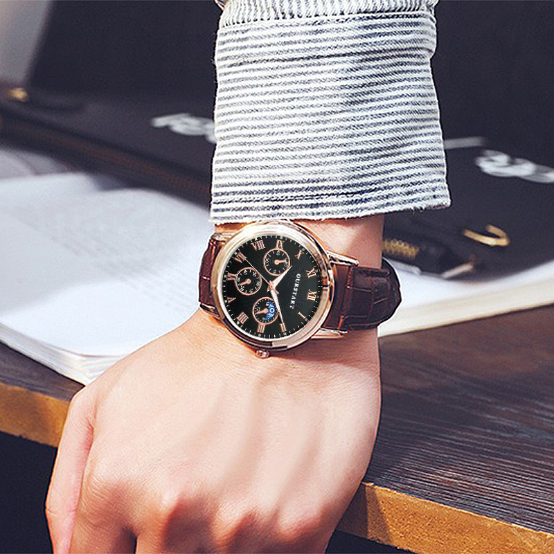 Casual Black Dial Men's Watch: Faux Leather, Three-Eye Moon Phase ...