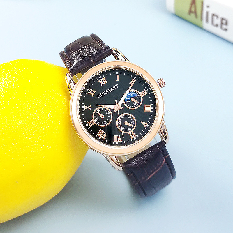 Casual Black Dial Men's Watch: Faux Leather, Three-Eye Moon Phase ...