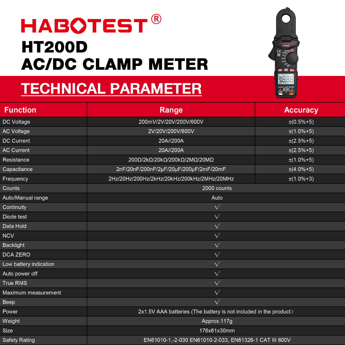 HABOTEST HT200D Digital Clamp Meter Multimeter 200A AC/DC Current and ...