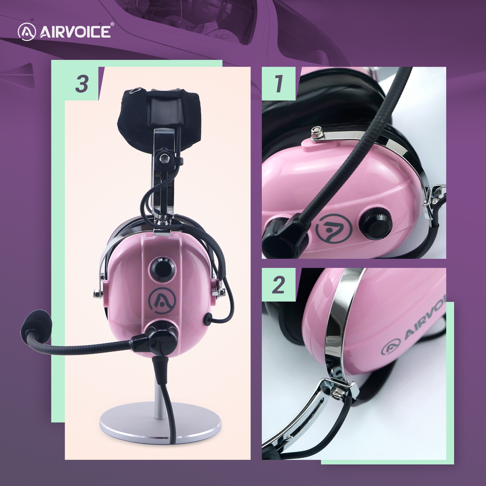 Pink Aviation Headset for Pilots with Mono Sound and Passive Noise Cancellation PNR Aviation ...
