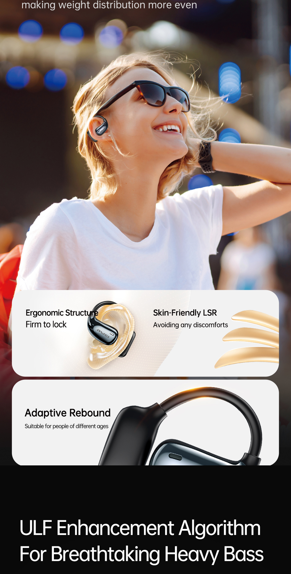 Awei OWS T98 Dual Bass Open Ear Earphone Bluetooth Earbud Liquid ...