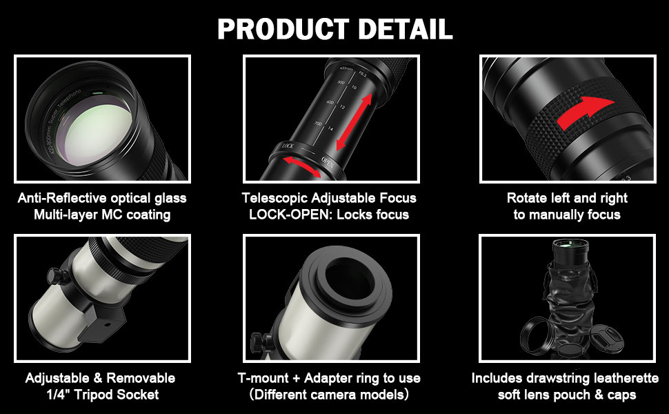 Lightdow Telephoto Lens 420-800mm f/8.3 Black Manual Zoom Super ...