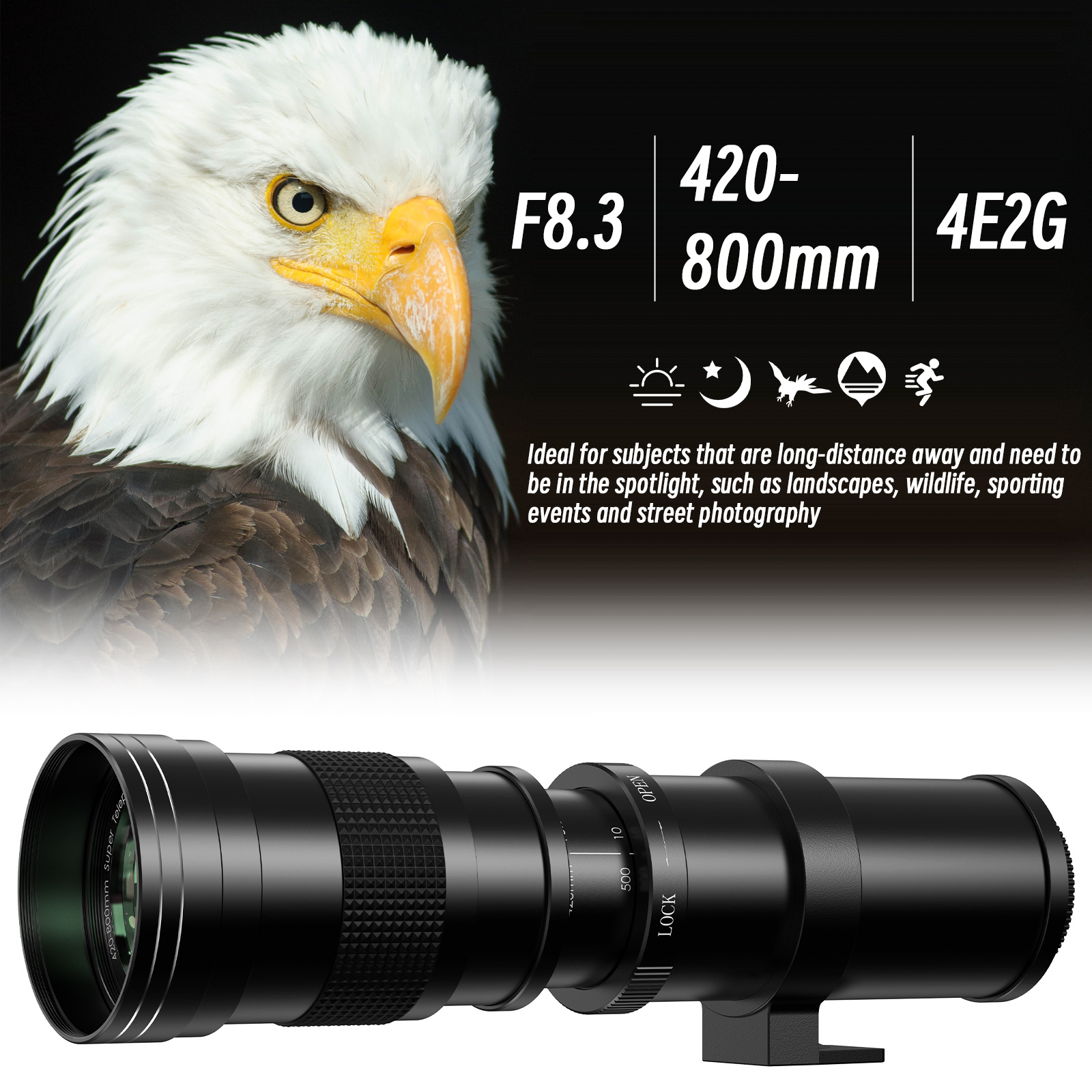 Lightdow Telephoto Lens 420-800mm f/8.3 Black Manual Zoom Super ...