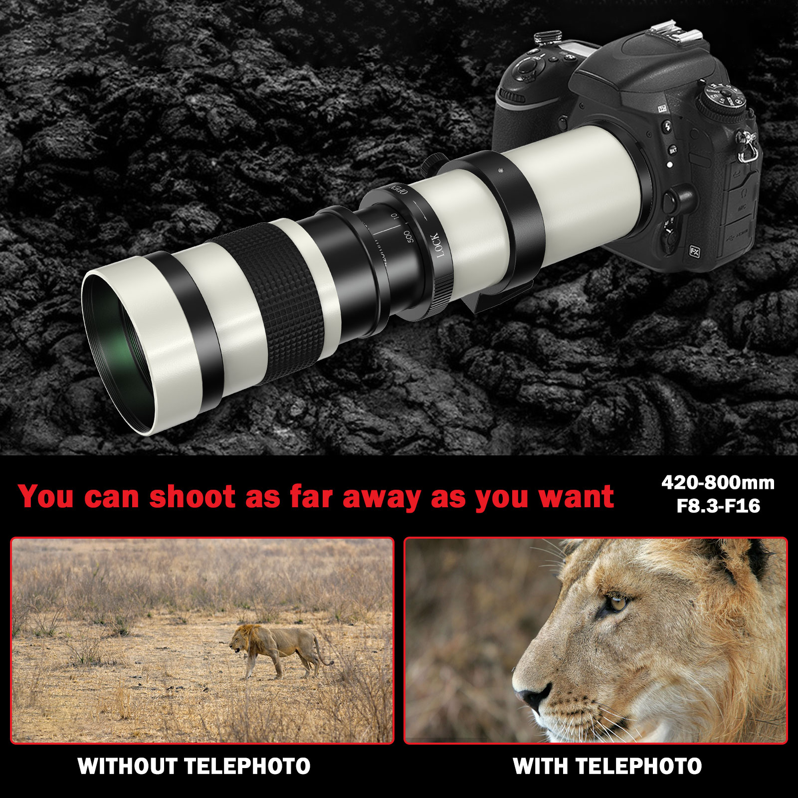 Lightdow Telephoto Lens 420-800mm f/8.3 White Manual Zoom Lunar ...