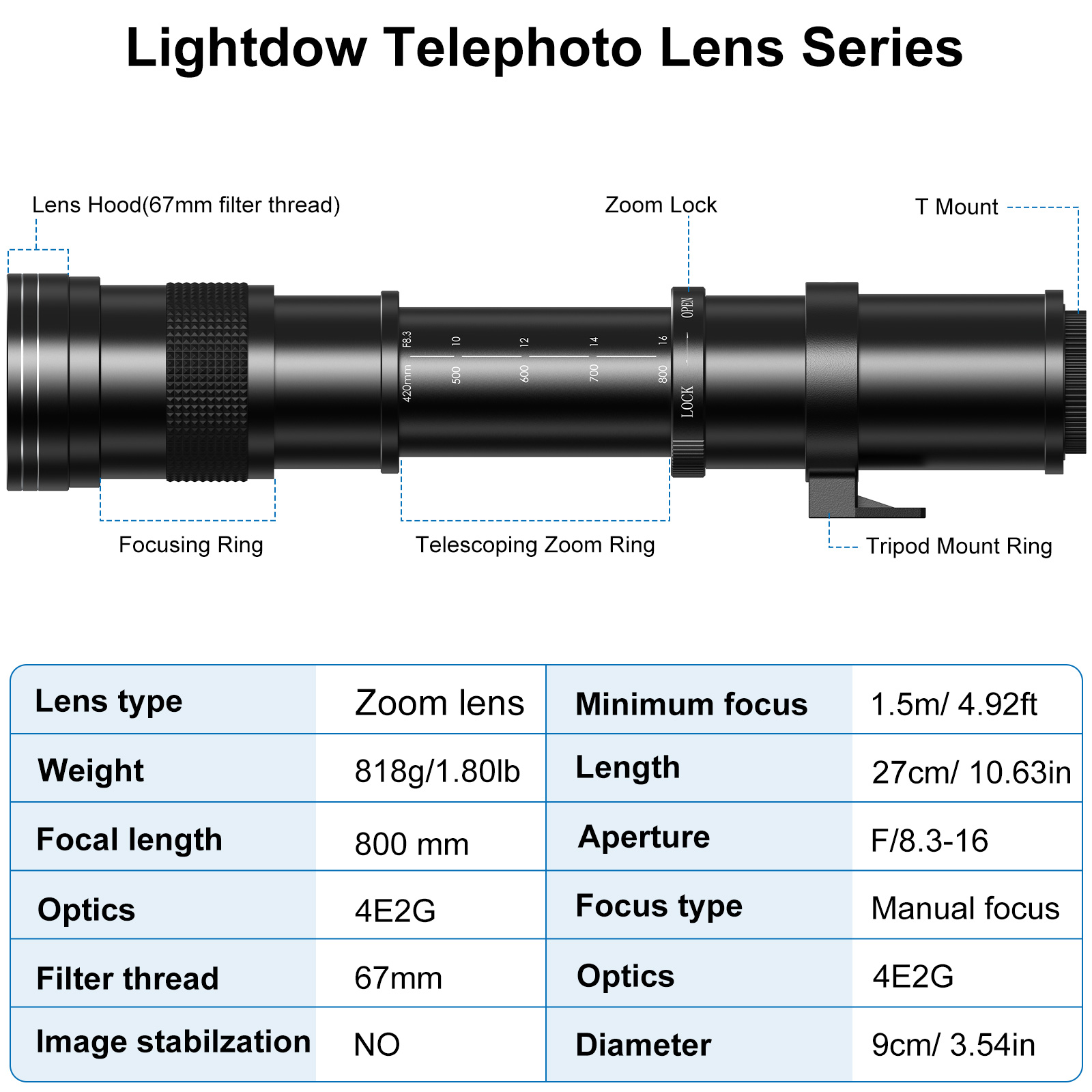 Lightdow Telephoto Lens 420-800mm f/8.3 Black Manual Zoom Super ...