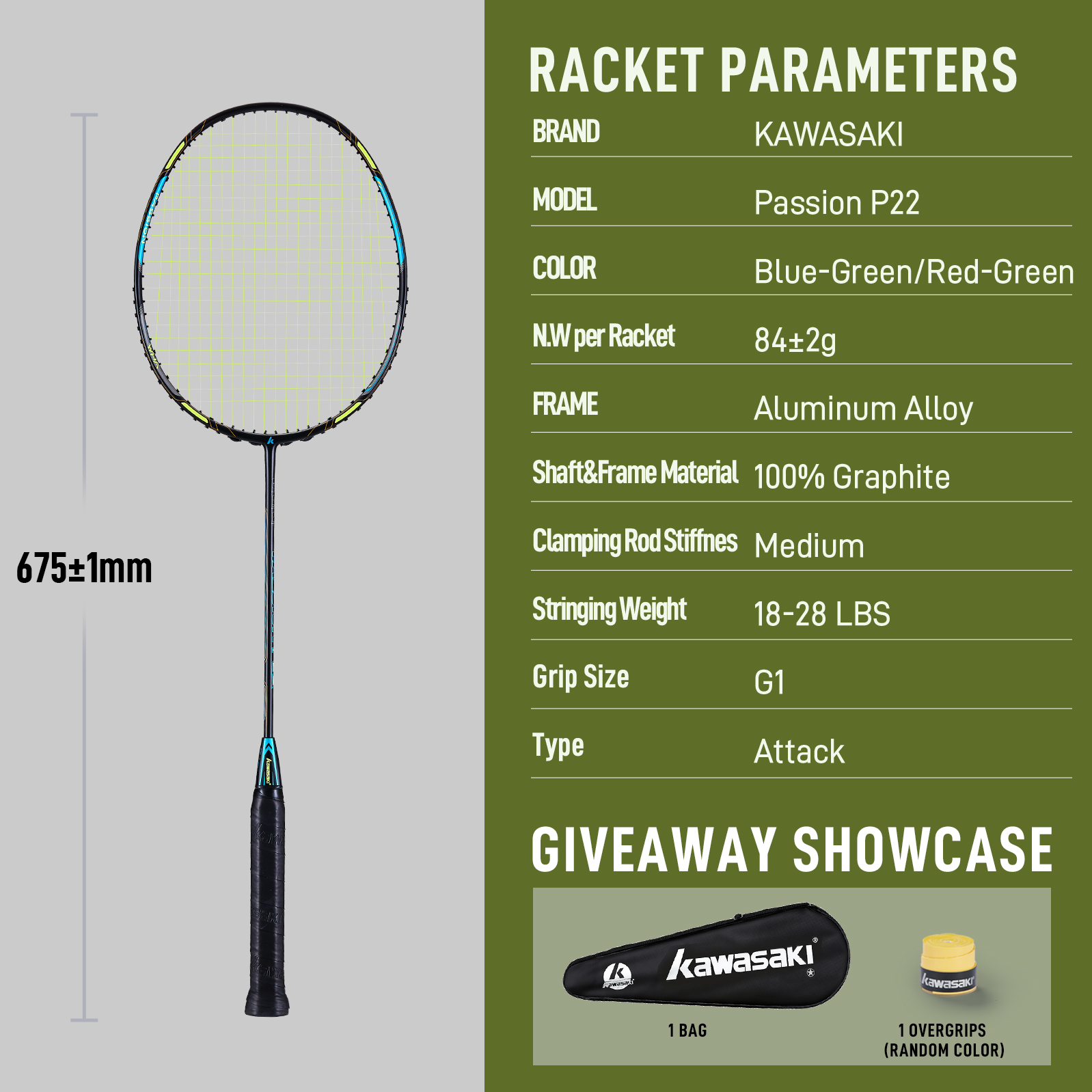 Kawasaki Badminton Racket Full Carbon PASSION P22 18-28LBS 4U For ...