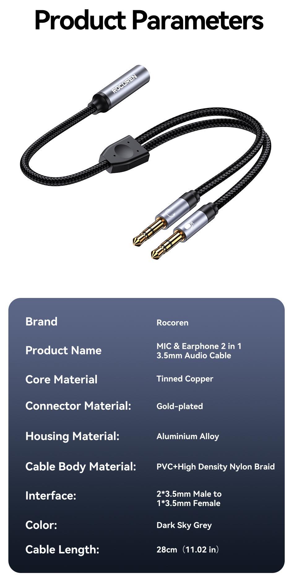 Rcoren HIFI Audio Cable 3.5mm 2 IN 1 Male to 2 Port Female Aux Adapter ...