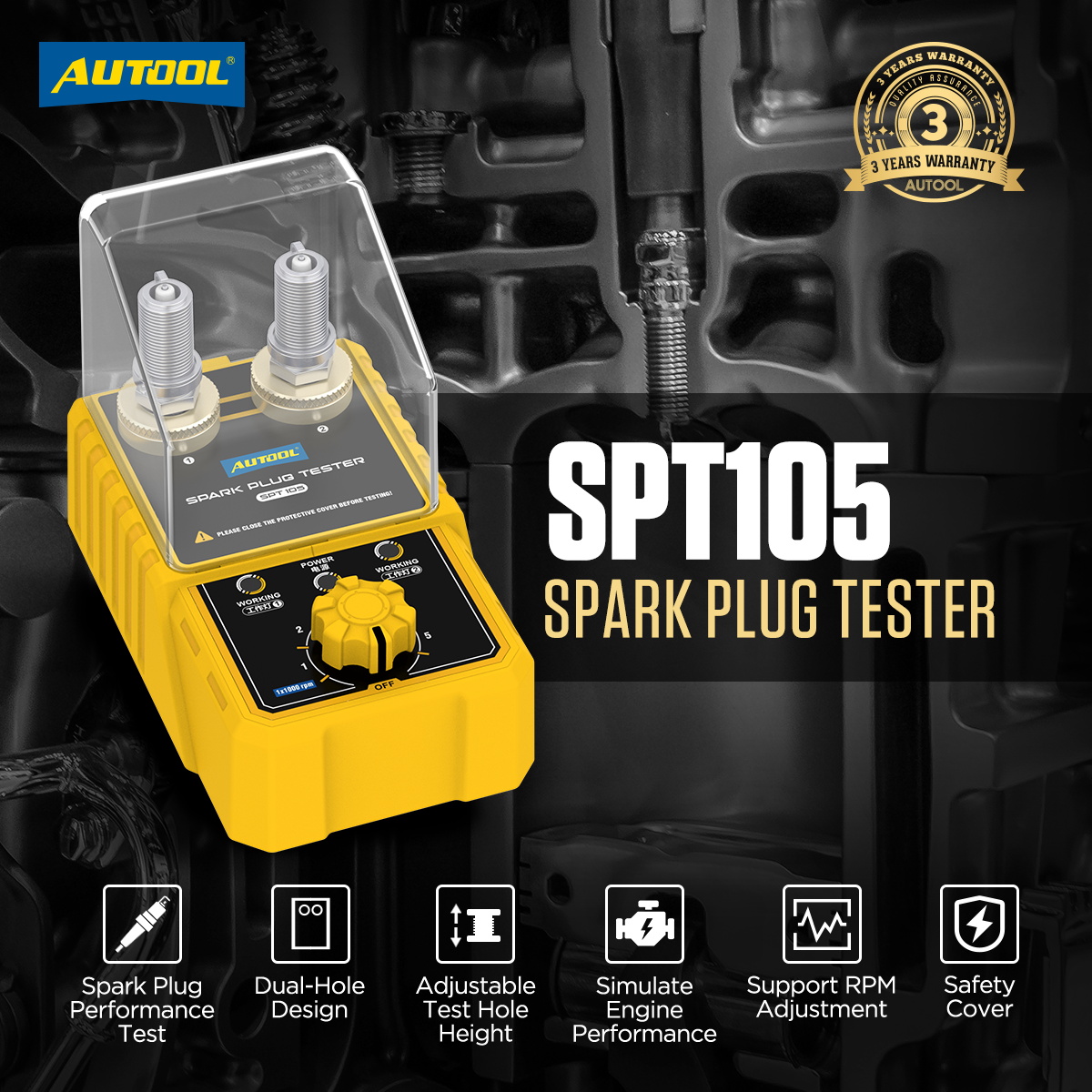 AUTOOL Spark Plug Tester SPT105 Adjustable Test Hole Height 6000RPM 12V ...