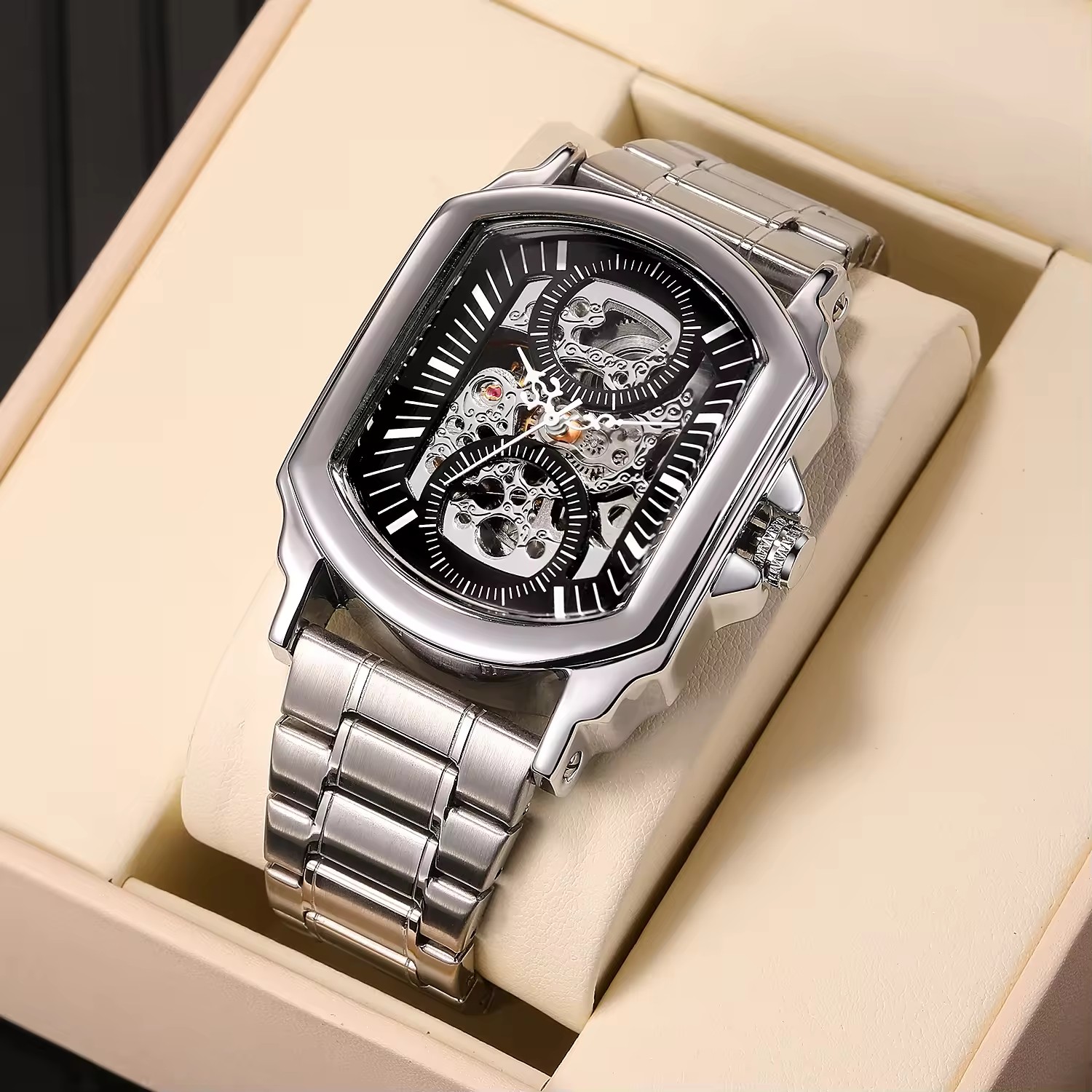 T-Winner automatic mechanical watch silver hollow stainless steel strap ...