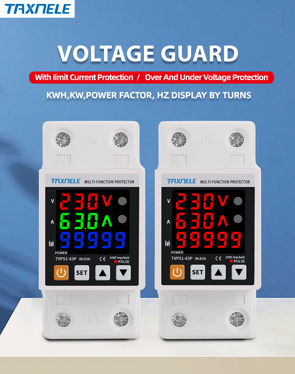 TAXNELE 220V 63A Adjust Over Under Voltage Protector Over Current Limit ...