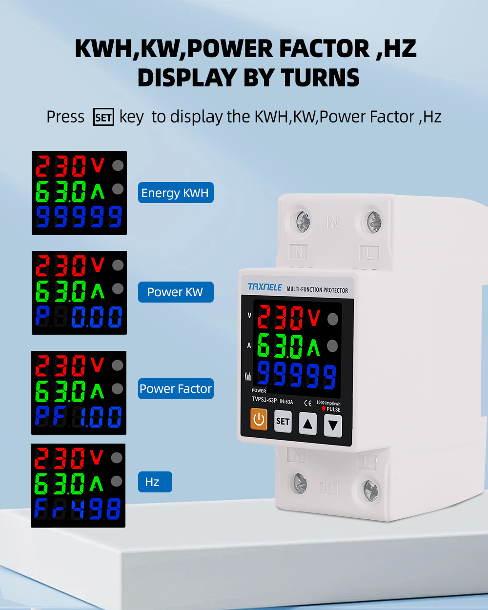 TAXNELE 220V 63A Adjust Over Under Voltage Protector Over Current Limit ...