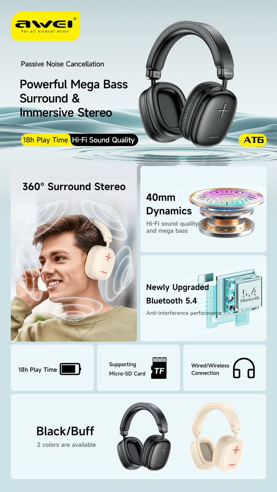 Awei AT6 True Wireless Headphone Bluetooth 5.4 Earphones Foldable Gaming Headset Sport ...