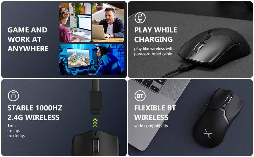 Delux M800 RGB PAW3395 26000DPI 50G ACC Wireless Wired Gaming Mouse 72g Lightweight Programmable ...