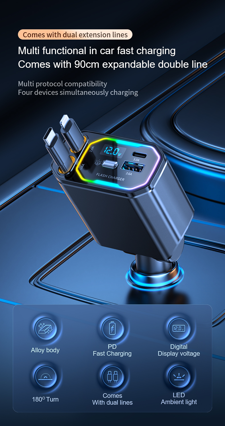 【PH STOCK】120W 4 In 1 Car Charger New Scalable Cable Fast Charge Mobile ...