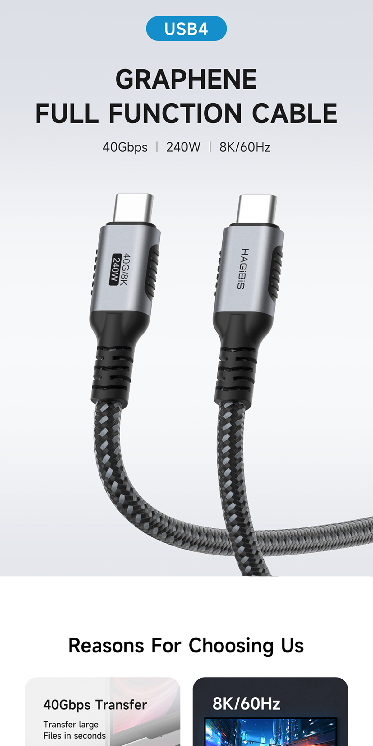Hagibis USB4 Cable, Graphene Braided USB C to USB C 240W Fast Charging ...