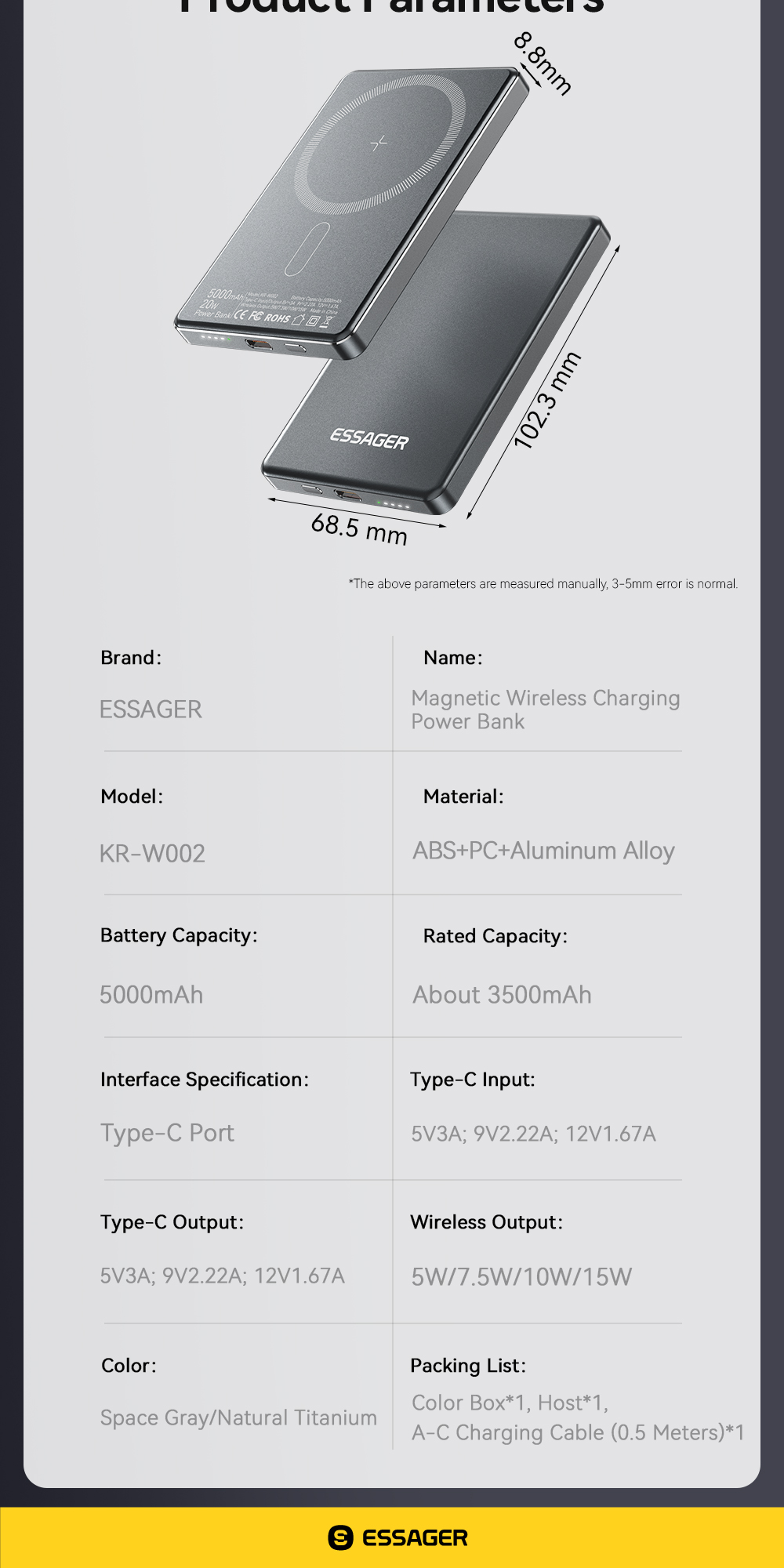 Essager 5000Mah Magnetic 15W Wireless Power Bank For Samsung IOS Type C ...