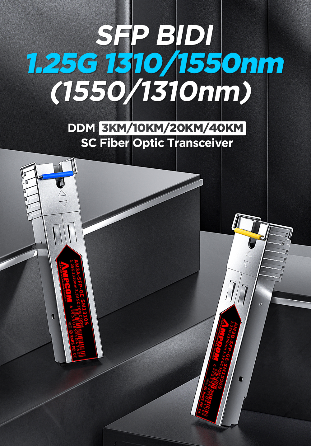 AMPCOM SC SFP BIDI WDM 1.25G 1310/1550nm 1000Base-BX Fiber Optic Transceiver Modules Single Mode ...