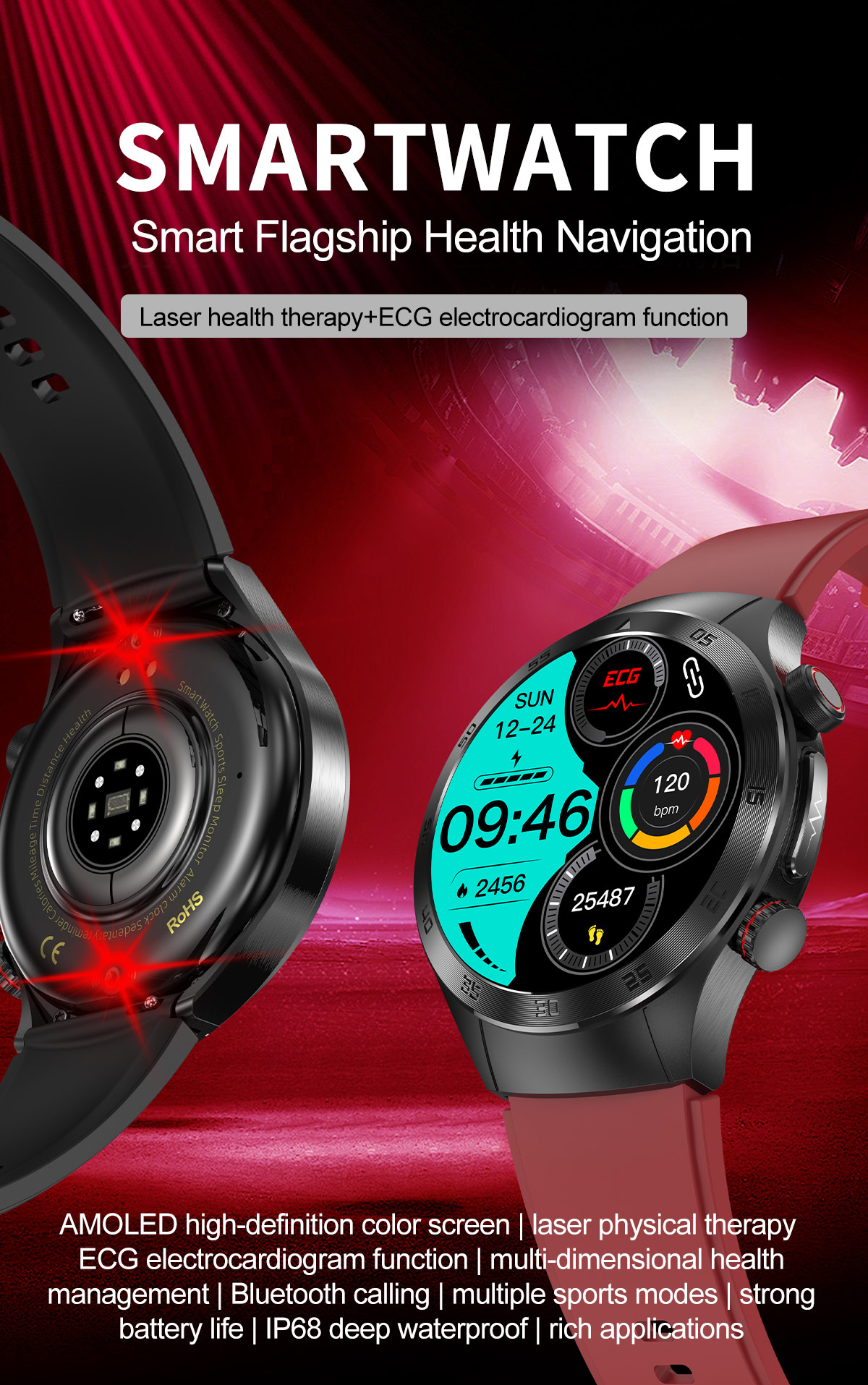 Smart Watch E800 Men 1.49" Amoled Screen ECG Laser Therapy Health Monitor SOS Bluetooth Call ...