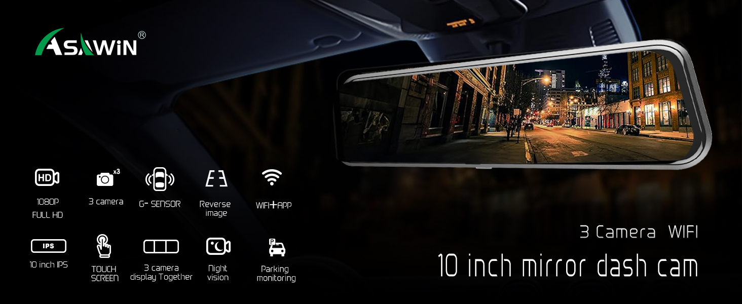 3 Camera Wifi 10 Inch Rear View Mirror Dash Cam 3 Ways Car Camera ...